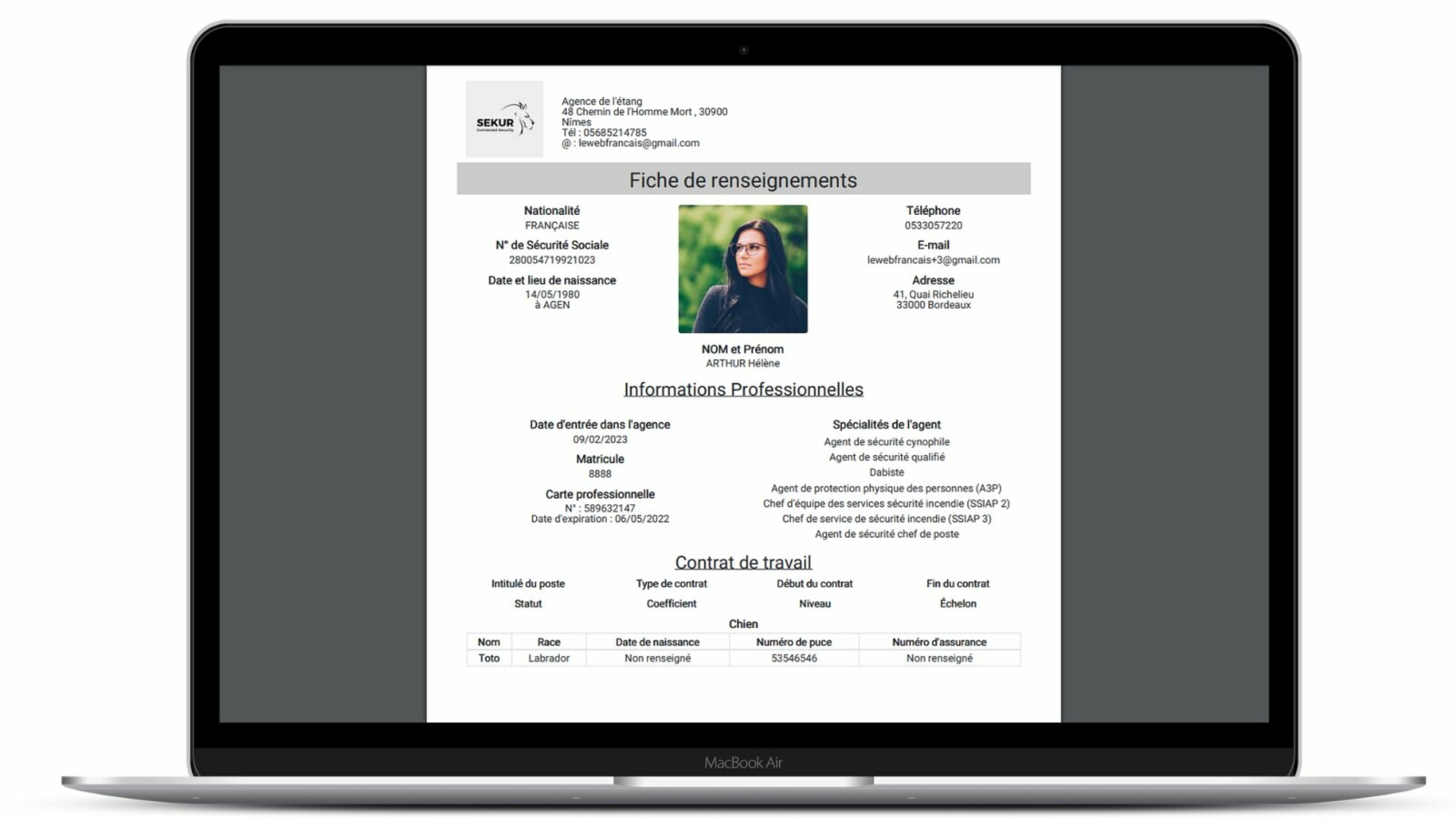 Fiche de renseignements agents - SEKUR
